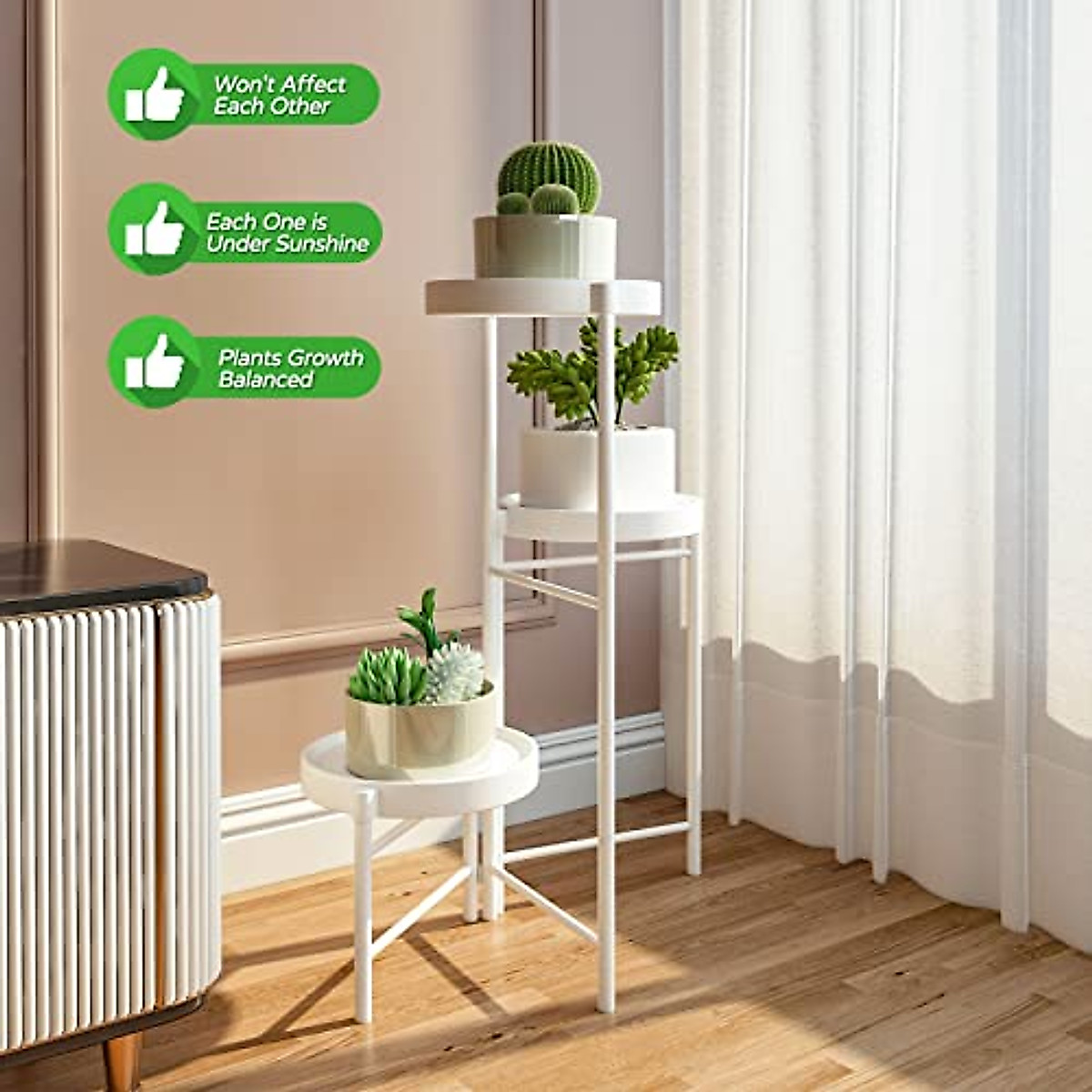 iDavosic.ly 3 Tiers Corner Plant Stand for Indoor Outdoor, Foldable Small Tiered Plants Holder Display Rack with 3 Trays, Flower Pot Tall Shelf for Living Room Balcony Garden Patio (Round, White)