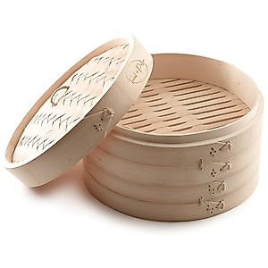 Bamboo steamer basket for cooking - Healthy food steaming with chopsticks, bamboo clip, & 50 liners -10 inch 2 levels