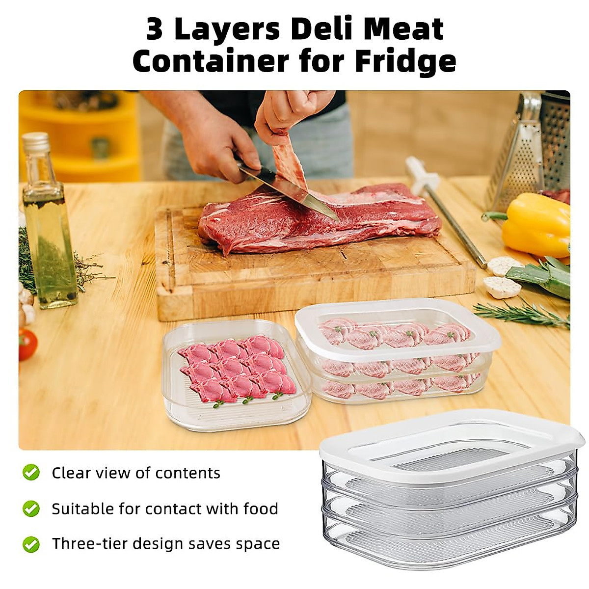 Abnaok Deli Meat Container For Fridge With 2PCS Plastic Tongs, Lunch Meat Container For Refrigerator, Plastic Buffet Serving Tongs, Deli Meat Container Set For Cold Cuts, Salami, Cheese