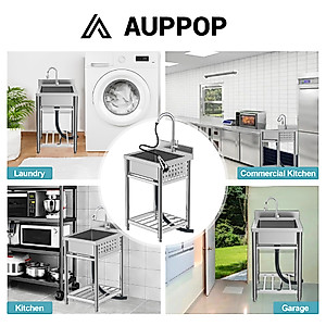 AUPOPP Utility Sink, Stainless Steel Outdoor Sink for Laundry Bar Restaurant, Free Standing Commercial Sink Portable Kitchen Sink Station with Pull-out Faucet, Cold/Hot Water for Farmhouse, Garage