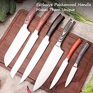 LUVCOSY Colorful Pakkawood Kitchen Knife Set of 6, Stainless Steel Chef Knife with Gift Box, Razor Sharp Bread Knife/Grill Knife/Utility Knife/Paring Knife/Santoku Knife for Home/Kitchen