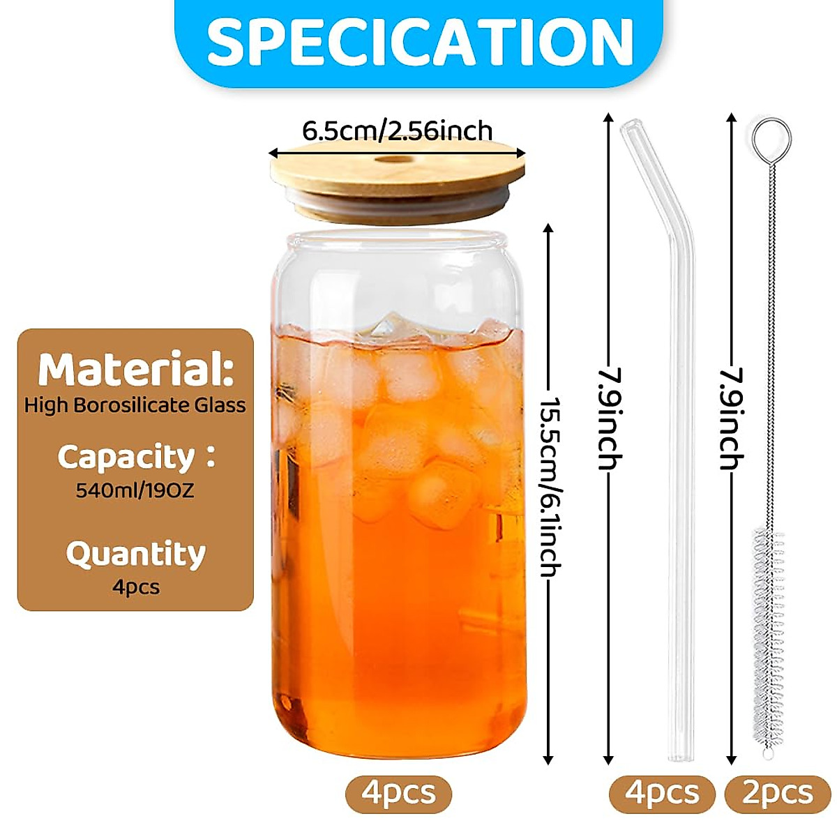 La Llareta 4 Pcs Drinking Glass with Lids and Straw, 540ml Iced Coffee Cups, Shaped Beer Glasses Cups, with 2 Straw Brushes, for Cola, Smoothies, Cocktails, Soda