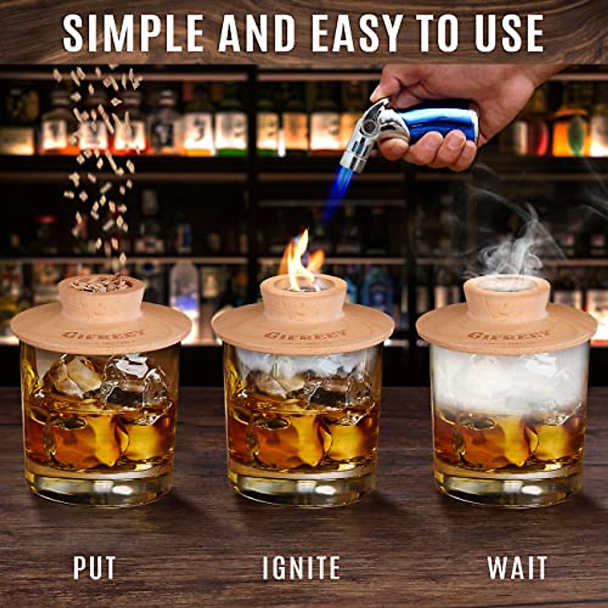 Cocktail Smoker Kit with Torch - Old Fashioned Smoker Kit for Drink Smoker, Bourbon/Whisky Smoker Kit,3 Different Wood Chips for Whiskey & Bourbon(Without Butane)