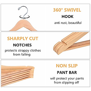 Amber Home 20 Pack 15" Natural Wooden Clothes Hangers for Woman, Teenager Clothing Hangers for Shirt Jacket, Solid Wood Dress Coat Hangers with Non Slip Pants Bar (Natural, 20)