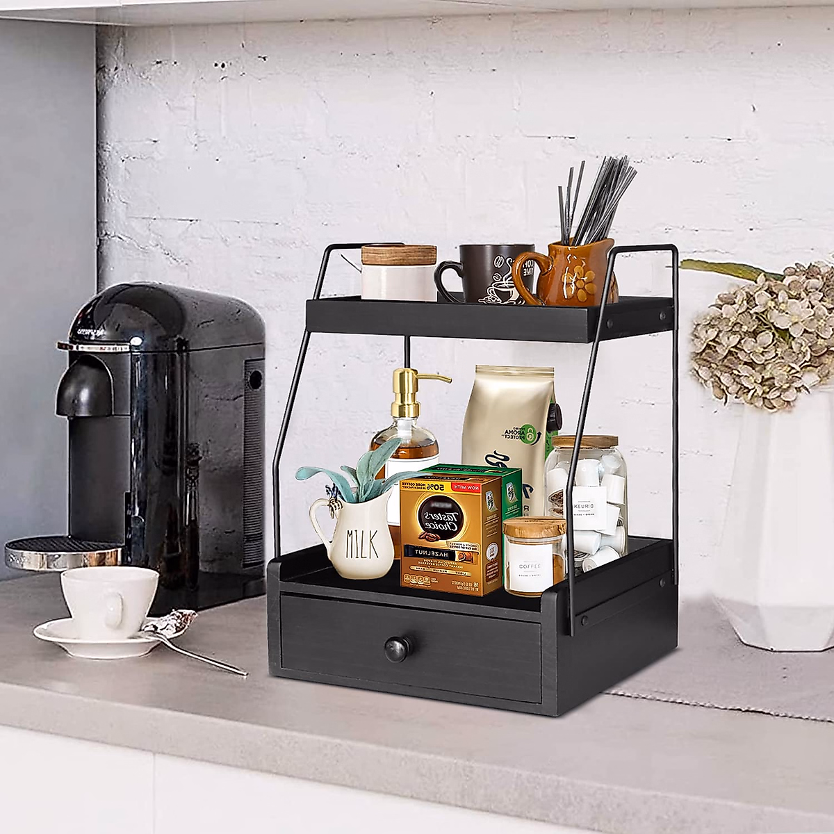Rustic 2 Tier Coffee Bar Accessories Organizer Countertop, Coffee Station Organizer with Drawer, Coffee Pods Holder Condiment Organizer, Wood Countertop Shelf for Kitchen Spice Bathroom Organizer