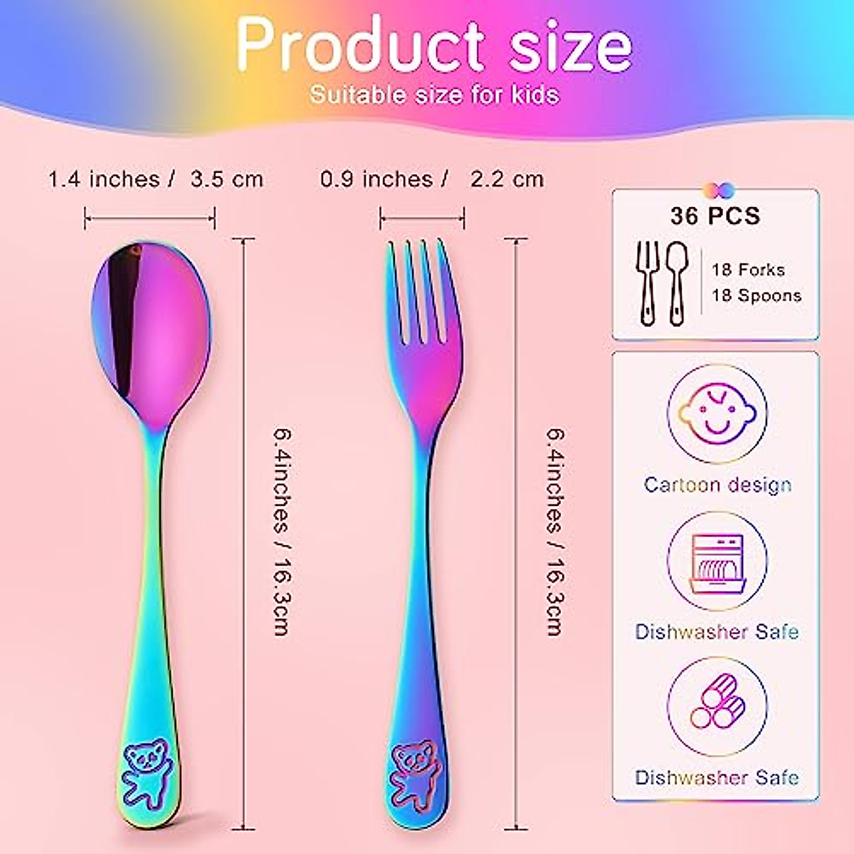 Dandat 36 Pcs Stainless Steel Toddler Utensils, Rainbow Kids Silverware Set Includes Small Kids Spoons and Forks, Metal Kids Cutlery Set, Child Safe Flatware, Dishwasher Safe (UV Rainbow)