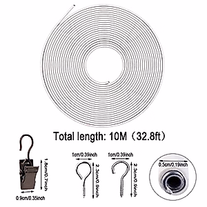 White Curtain Wire 10 Meter Wall Decor Picture Hanging Kit with 20 Pairs of Screw Eyes and Hooks 16 Clips for Net Curtain Rods Clothesline Hanging Decor