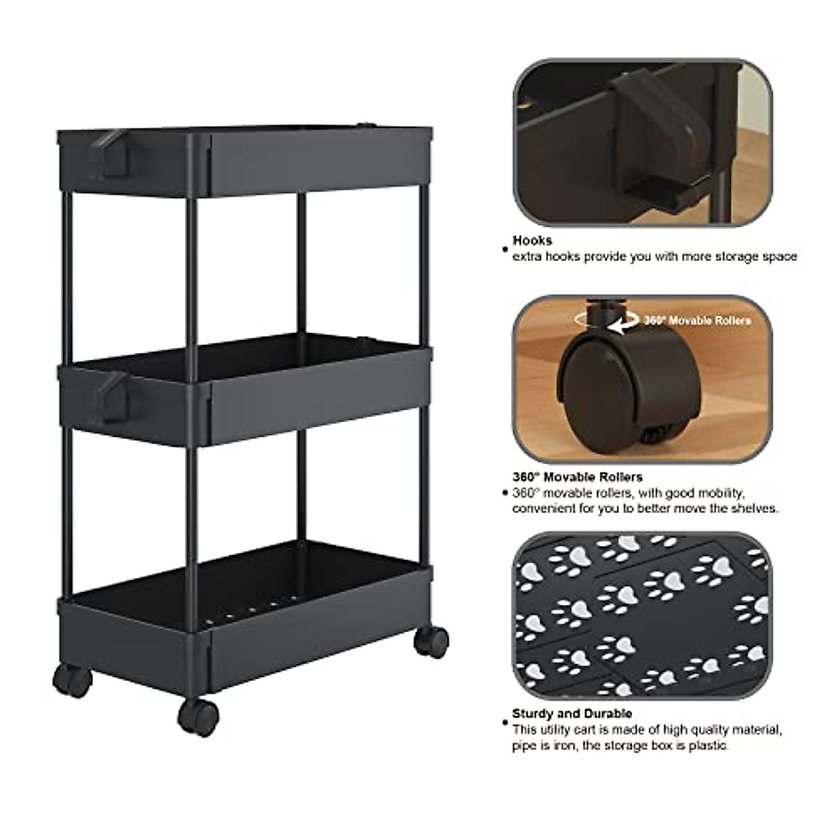 Boeeoan 3 Tier Rolling Utility Storage Cart, Mobile Shelving Organizer with Hooks for Kitchen Bathroom Laundry Room Living Room, Black