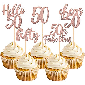 30PCS 50th Birthday Cupcake Toppers Glitter Fifty Hello 50 Cupcake Picks Cheers to 50 Fabulous Cake Decoration for Happy 50th Birthday Wedding Anniversary Party Decorations Supplies Rose Gold