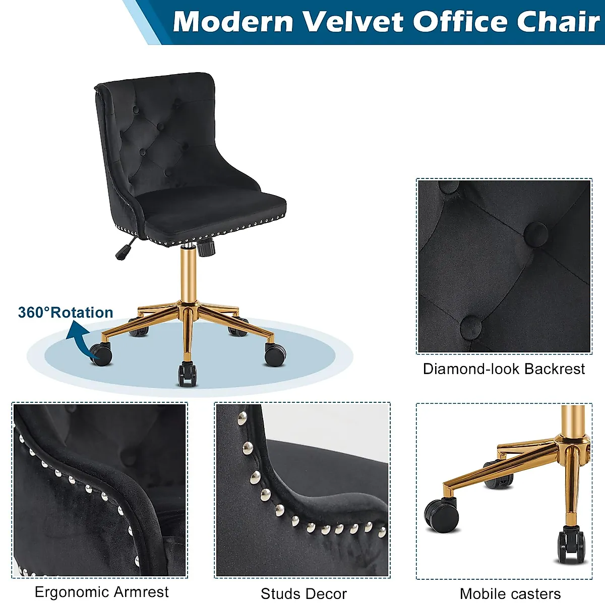 VINGLI Black Velvet Armless Home Office Desk Chair with Gold Base/Wheels, Small Cute Vanity/Makeup Chair with Back for Bedroom, Upholstered Adjustable Rolling Swivel Nail Chair for Women/Girls