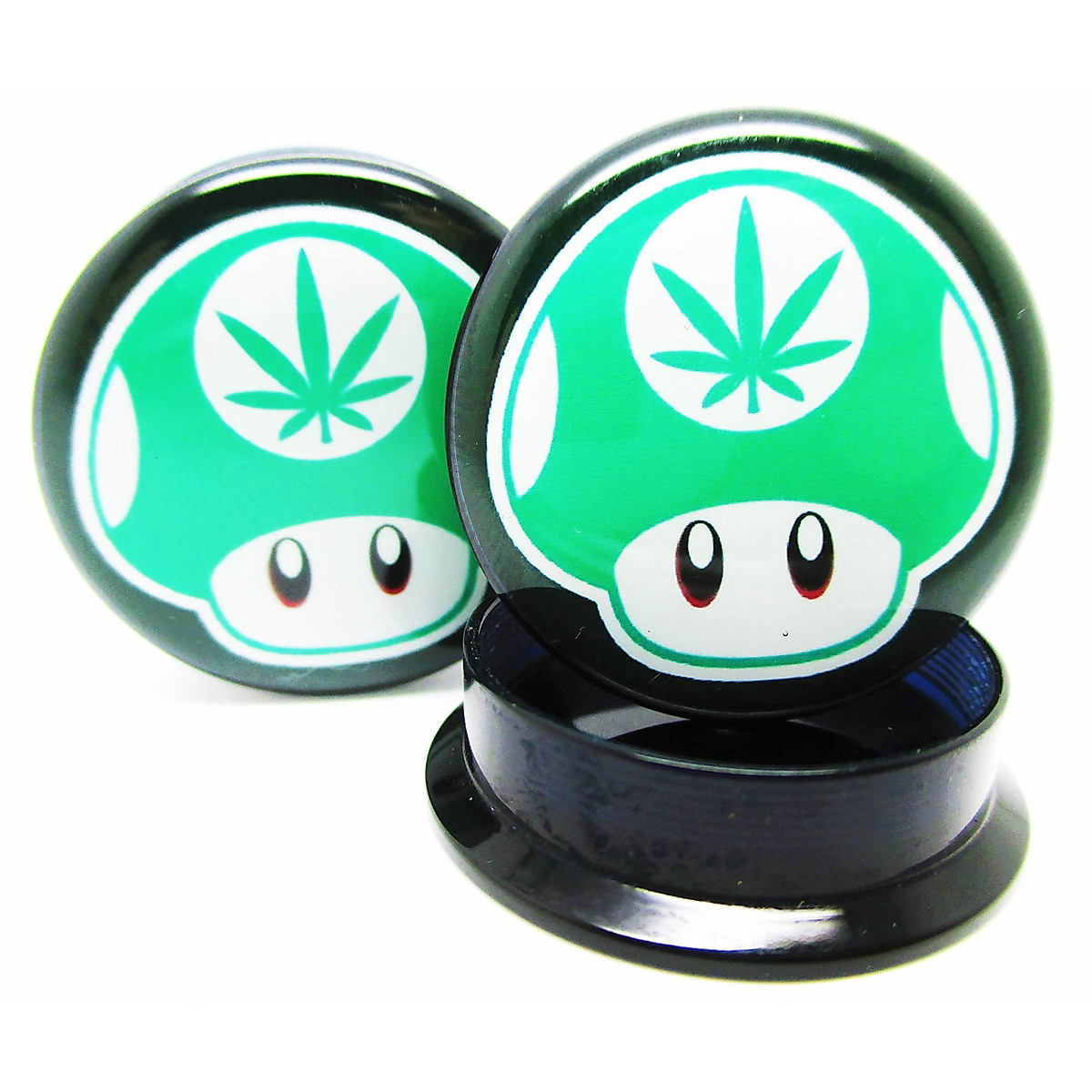 Pierced Republic Green 1-Up Mushroom Pot Leaf Ear Plugs - Acrylic Screw-On - 10 Sizes - *Pair* (0 Gauge (8mm))