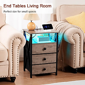 AMHANCIBLE Night Stand Set 2, LED Nightstand with Charging Station, End Side Tables with USB Port & Outlet, Bedside Table with 3 Fabric Drawers for Bedroom Living Room, Greige, HET053LGY