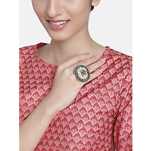 I Jewels Silver Oxidised Indian Wedding Bollywood Ethnic Adjustable Brass Finger Ring Embellished With ghungroo and pearl (Style-2)