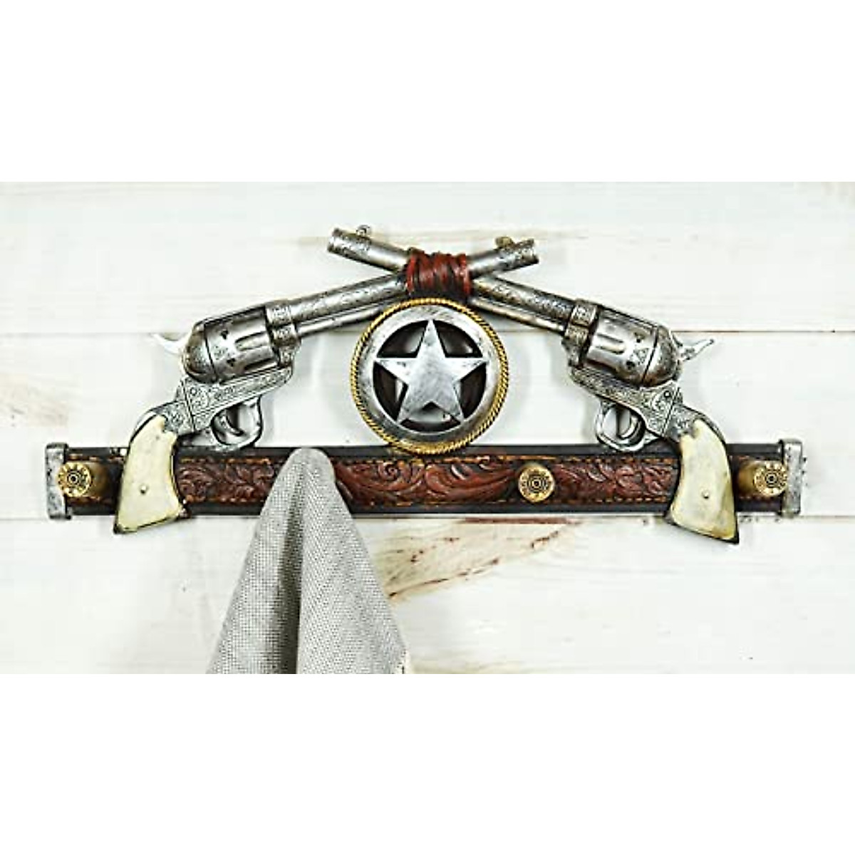 Ebros Gift Rustic Western Old World Dual Six Shooter Revolver Gun Pistols with Western Star 4 Pegs Coat Key Hat Leash Wall Hanging Bullet Ammo Shaped Hooks Country Decorative Organizer
