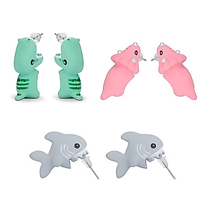Pure Compression 3 Pair Cute Animal Bite Earrings - 3D Dinosaur Shark Biting Ear Studs - Simple Clay Ear Rings Decors for Girls (PX-ABE-3)