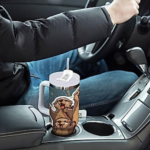 Exnundod 40 oz Tumbler with Handle Cheerful Sea Otters Insulated Stainless Steel Cup with Lid and Straw Travel Cup Leak-proof Fits in Car Cup Holder for Iced & Hot