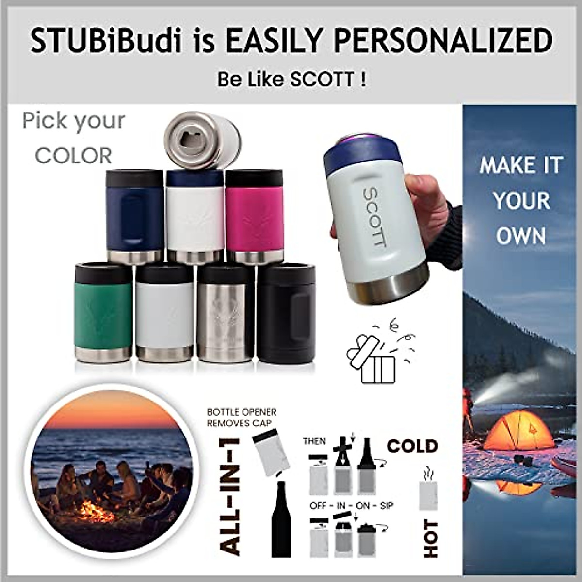 STUBiBudi Beer Can Cooler 12 oz Beer Bottle Insulator Beer Bottle Opener, 3 in 1 Universal Can Coozie Insulated Coozie for Cans and Bottles 4 in 1 Can Holder Beer Gifts Men Dad Birthday - Steel