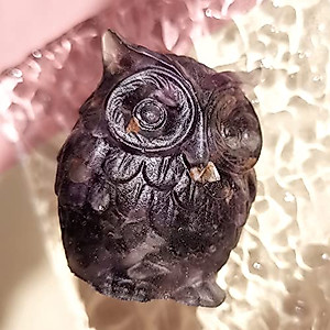 Reyife Hand-Carved Natural Crystal Owl Statue Reiki Healing Gemstone Animal Figurines Home Office Car Decoration Attract Good Luck The Best Gifts 2 inches(Amethyst)