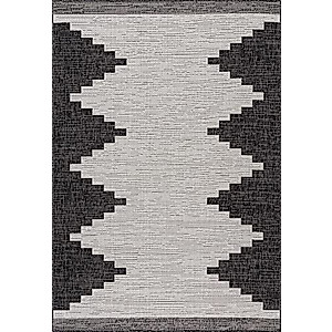 Djugun Indoor Outdoor Round Area Rug - Outside Porch Patio Rug Carpet - Waterproof Rug - Southwestern Tribal Look - 5'3" Circle/Circular - Black, Off White, Gray