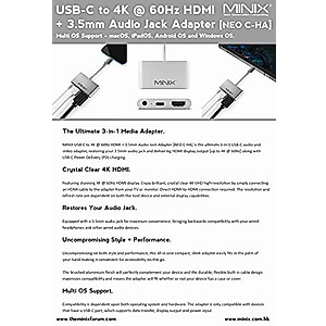 MINIX NEO C-HAGR, USB-C 3.5mm Audio Jack Adapte with to 4K @ 60Hz Display Output, Multi OS Support macOS, iPadOS, Android OS and Windows OS. Space Gray