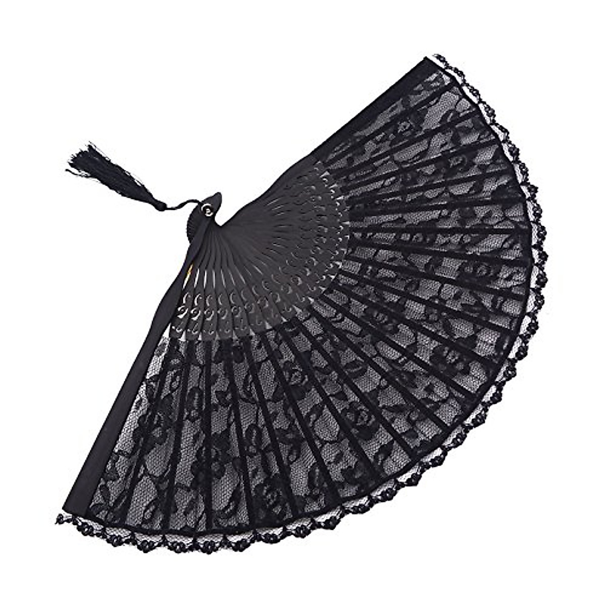 Meifan Womens Multi Color Handmade Cotton Lace Folding Hand Fan (Black-A)