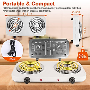 Countertop Burner, Electric Double Burners 2000 Watts, Hot Plate Cooktop with 5 Temperature Control, Non Slip Rubber Feet, Portable Coil Heating Stove Countertop RV Hotplate for Home or Dorm(White 2)