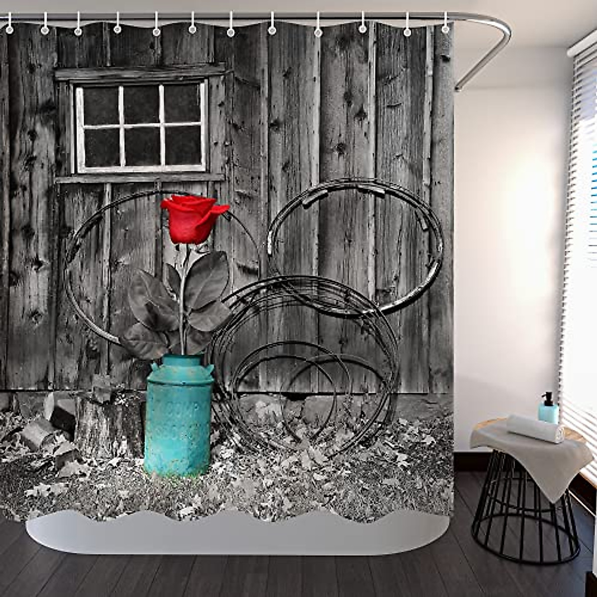 4 Piece Country Farmhouse Life Blue Pot Flowers Red Rose Shower Curtains Sets with Non-Slip Rugs, Toilet Lid Cover and Bath Mat, Bathroom Sets with Shower Curtain and Rugs and Accessories
