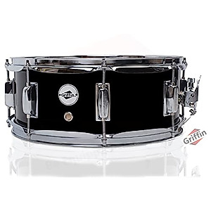 GRIFFIN Snare Drum | Poplar Wood Shell 14" x 5.5" with Black PVC & Coated Head | Acoustic Marching Percussion Musical Instrument Set with Drummers Key, 8 Metal Tuning Lugs & Snare Strainer Throw Off