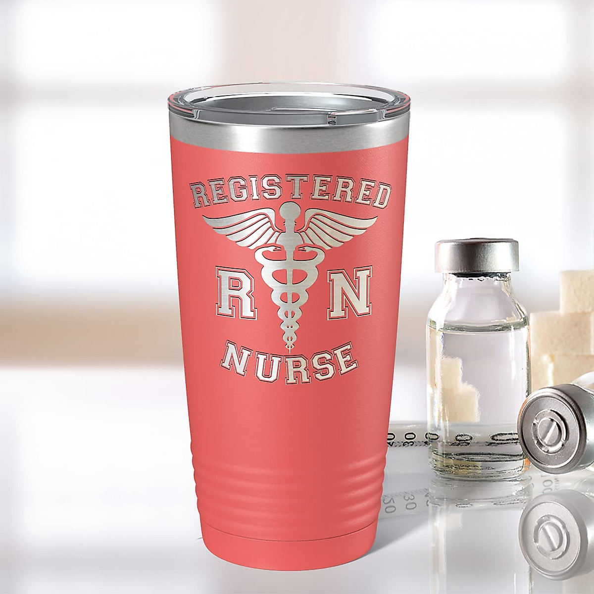 RN Registered Nurse Gift, Nursing School on Guava 20 oz Stainless Steel Tumbler with Lid - Insulated Cup - Travel Mug