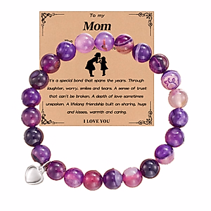 SINCSEFK To My Mother Bracelets,Natural Amethyst Bracelet with Heart Charm,Gifts for Mom from Daughter/Son Mothers Day Anniversary Birthday Christmas