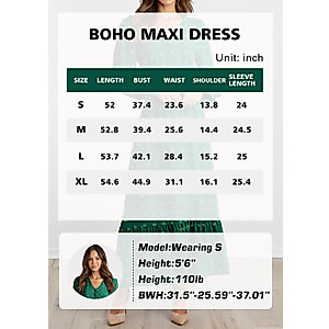 MASCOMODA Women Boho Maxi Dress 2024 Long Sleeve V Neck Swiss Dot Smocked High Waisted A-Line Ruffle Tiered Long Dress(X-Large, Dark Green)