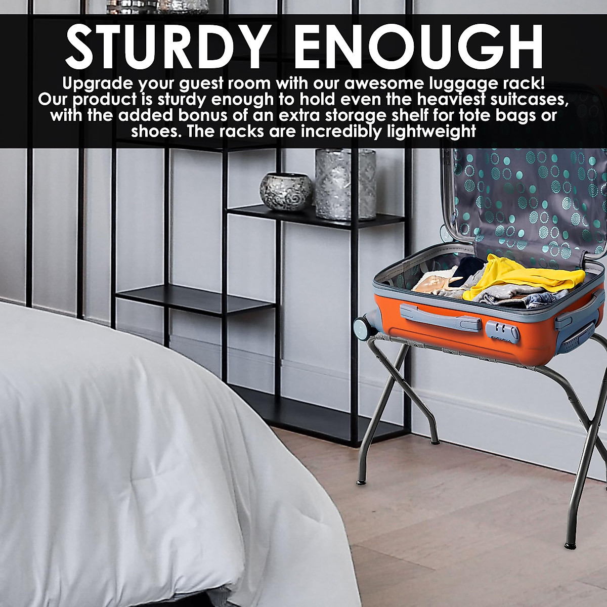 Luggage Rack l Hotel-Quality Durable Steel Folding Suitcase Stand for Guests and Travelers l Keeps Luggage Organized and Off the Floor l Set of 2 l GRAY