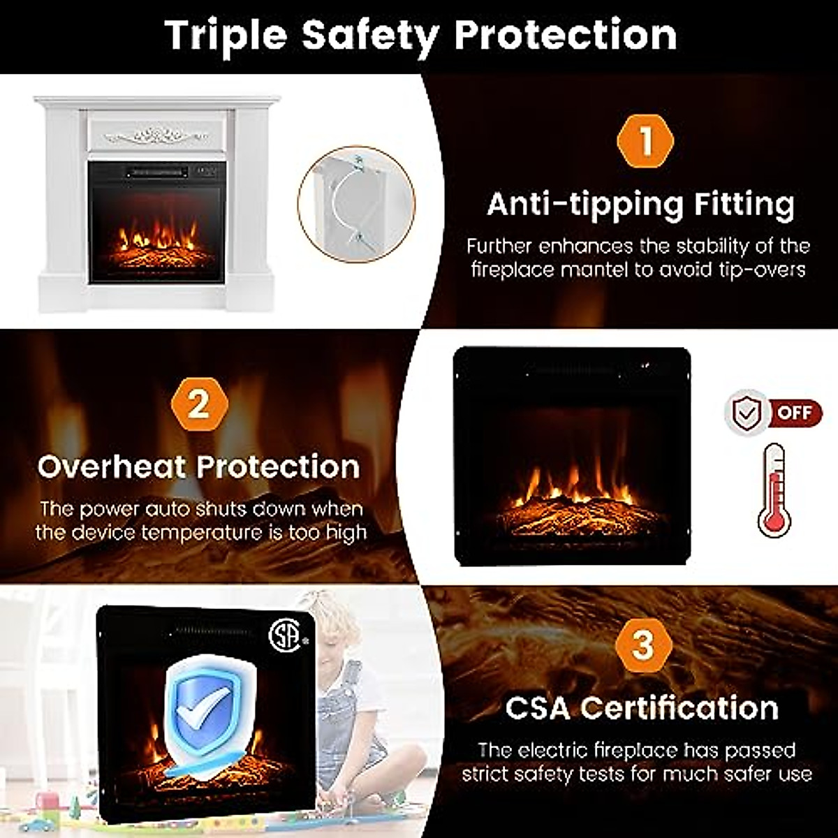 GOFLAME Electric Fireplace with Mantel, 1400W Freestanding Mantel Fireplace Heater with Remote Control, 3 Flame Brightness, Thermostat, 6H Timer, Overheat Protection, CSA Certified (White)