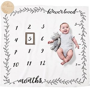 Organic Baby Monthly Milestone Blanket Boy or Girl - Months Blanket with Wood Frame and Newborn Announcement Disc - Growth Chart Milestone Blanket Neutral, 1-12 Month Milestones, 47”x47”