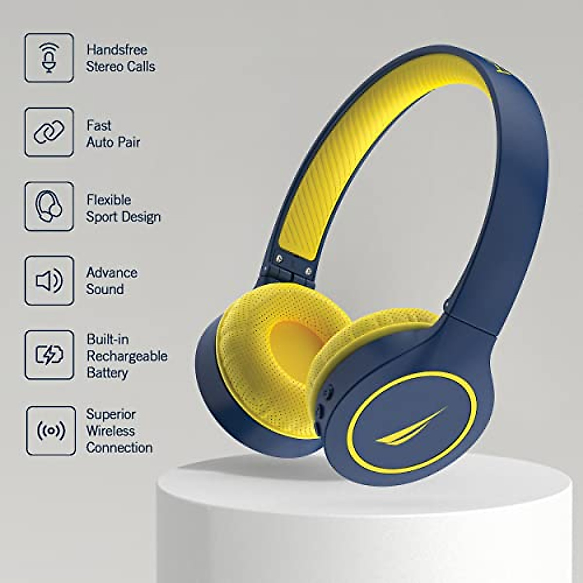 Nautica H120 Bluetooth Headphones, On-Ear Wireless Headphones with Built-in Microphone Bluetooth v5.0 Wireless and Wired Stereo Headset with Deep Bass, Foldable Over-Ear Headphones (Navy Yellow)