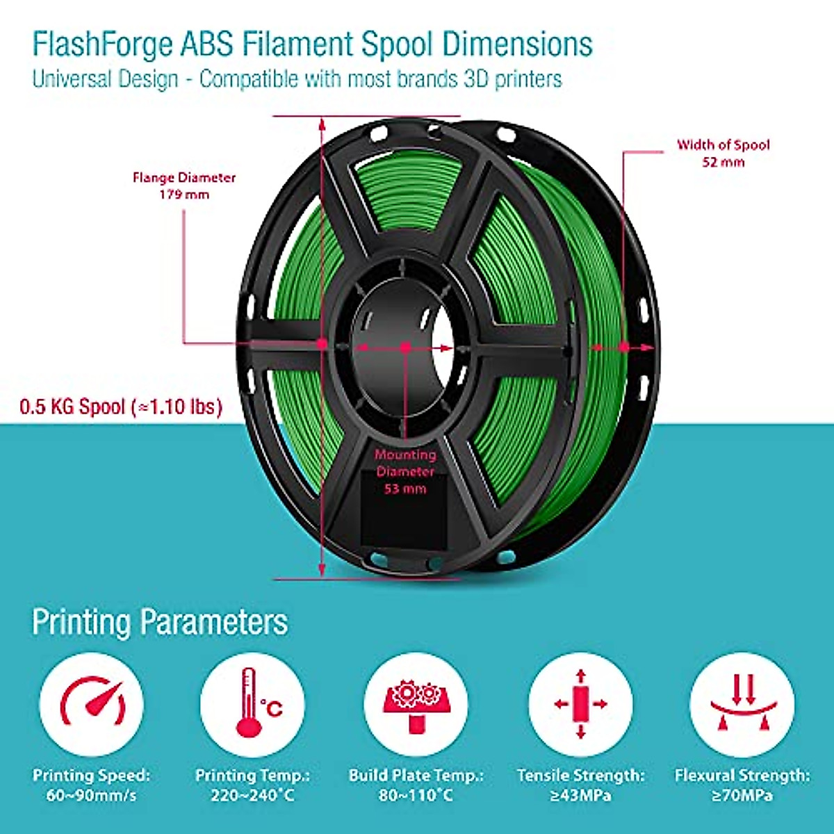FLASHFORGE D-Series ABS 3D Printer Filament, 1.75mm (Green), 0.5kg Spool (1.1lbs), Guaranteed Fresh, Dimensional Accuracy +/- 0.02mm, Tangle-Free, Fits Most FDM Printers [Risk-Free]