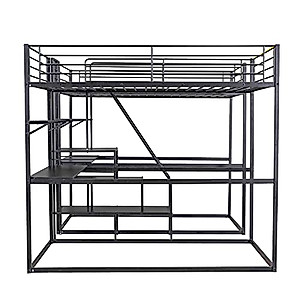 ATY Twin Over Twin Bunk Bed with 2 Desks and Shelves, 4-in-1 Metal Bedframe w/ 3 Storage Staircase & Safety Guardrail, Maximum Space Design, for Kids Bedroom, Dorm, Guestroom, Black