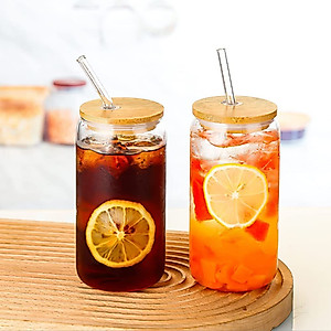 AGGICE Drinking Glass with Bamboo Lids and Glass Straw, 16Oz Can Shaped Glass Cup, Mason Jar Coke Cup Beer Glass Cocktail Glass Fruit Tea Cup Milkshake Glass Coffee Cup include Cleaning Brush