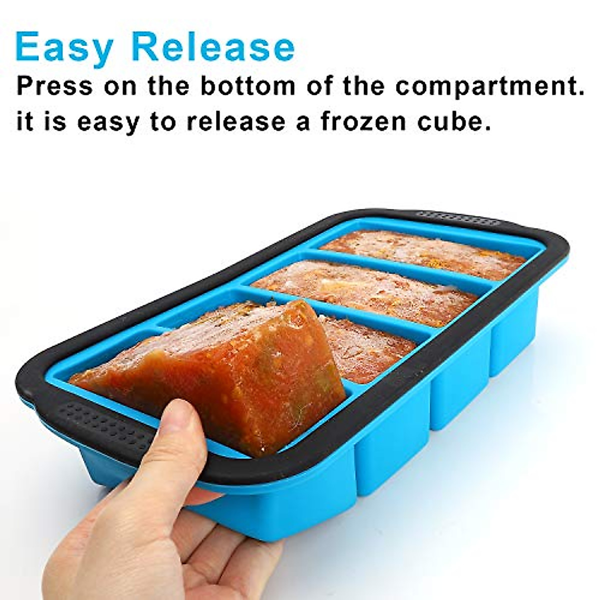 1 Cup Extra Large Silicone Cube Freezing Trays with lid for soup,broth,sauce or butter, Silicone Freezer Container Molds Soup Trays -makes four great portions 1cup Cube(2 PACK, Blue)