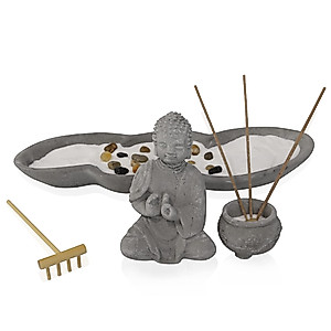 Japanese Mini Zen Garden Decor, Incense Holder with Buddha Statue for Relaxation and Meditation, Gift Set Perfect for Home and Office Decor