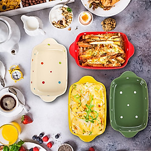AVLA 4 Pack Porcelain Baking Dish, 7 Inch Ceramic Rectangular Small Baking Pan Baking Ramekin with Double Handles, 18 OZ Individual Baking Pans for Lasagna, Casserole Dish, Polka Dot