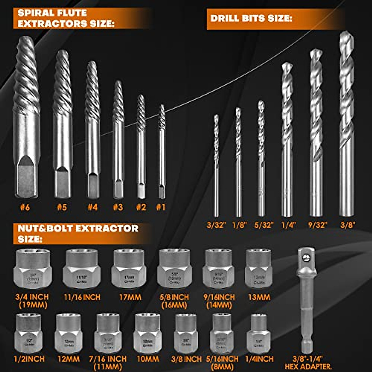 ACROTOL 26 Pieces Bolt Extractor Set, Spiral Screw Extractor Set and Drill Bits, Extraction Socket Set for Removing Damaged, Rusted, Rounded Bolts, Nuts and Screws