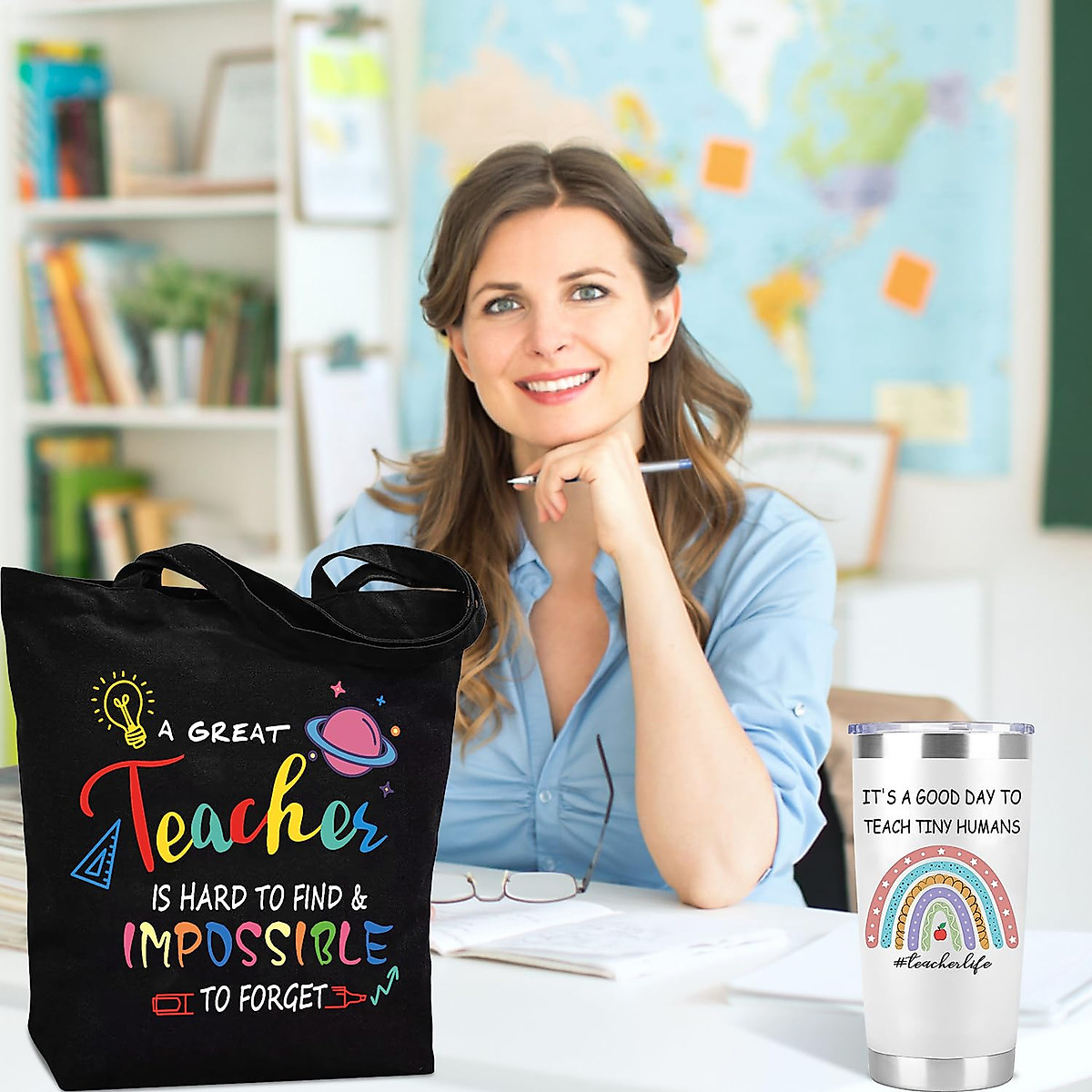 Teacher Appreciation Gifts with Tumbler and Tote Bag, Daycare Teacher Gifts for Birthday with Travel Beach Bag and Cup