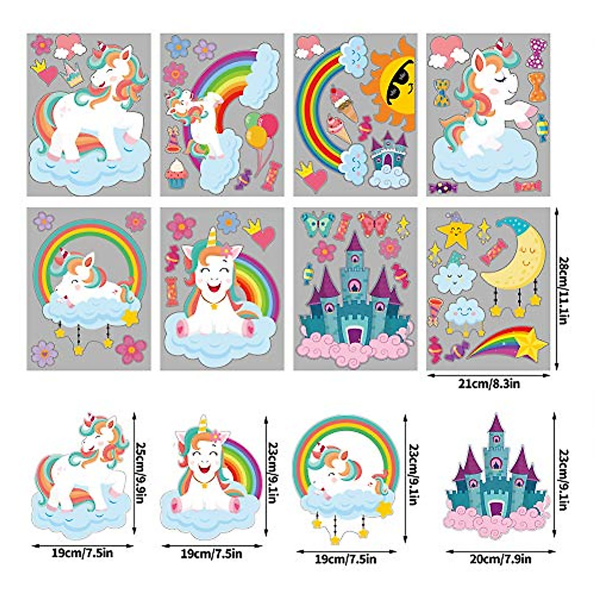 CCINEE Unicorn Window Cling Stickers,Rainbow Flower Window Decals Double Side Sticker for Kids Room Decoration,8 Sheets
