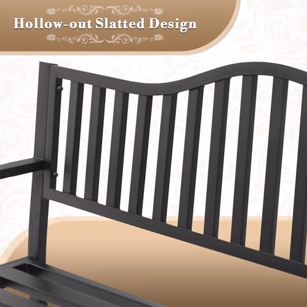 Athena Collection Patio Garden Bench with Pullout Middle Table Garden Bench with Back Metal Slatted Bench with Armrest Outdoor Bench Chair Patio Furniture for Porch, Park, Garden, Farmhouse, Black