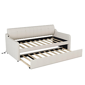 Bellemave Extending Upholstered Daybed with Trundle and USB Charging Stations, Day Bed with Pop Up Trundle Bed, Expandable Daybed Twin Size Trundle Solid Wood, Pull Out Trundle Bed Frame, Beige