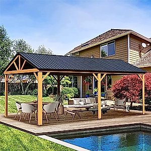 Goohome 12x20ft Hardtop Gazebo, Galvanized Steel Gable Roof Gazebo Pergola with Wood Grain Aluminum Frame, Outdoor Permanent Hard Top Waterproof Pergola for Shade and Rain Lawn