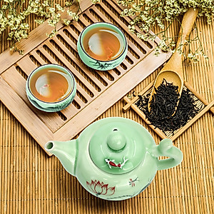 Hotumn Celadon Teacup Porcelain Chinese kungfu Teacup Fishes and Lotus Pattern set of 3