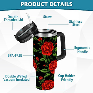 Yasala Car Tumbler with Handle Rose Leaves Travel Mug Coffee Cup Insulated Beverage Container Mega Cup for Hot Cold Drinking Thermos Water Bottle Cupholder Friendly 40 oz