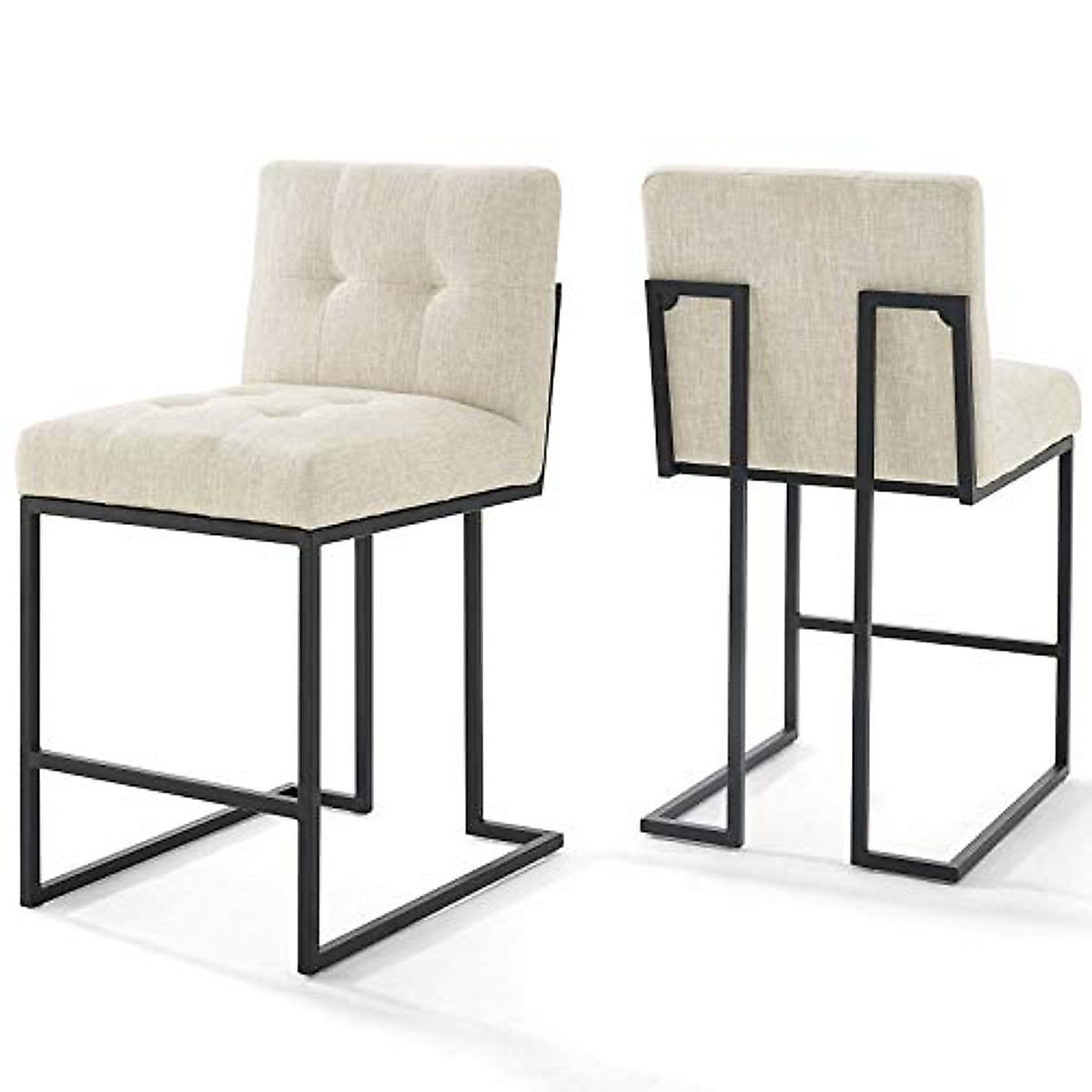 Modway Privy Stainless Steel Upholstered Fabric Counter Stool Set of 2, Black Beige